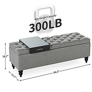 Busaurus Storage Ottoman Bench 50.2 Inches, Upholstered End of Bed Ottoman Bench with Storage and Seating, Large Blanket Storage Bench for Foot Rest in Bedroom, Living Room, Entryway (Grey with Tray)