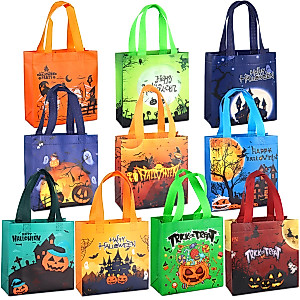 Aviski 10PCS Halloween Trick or Treat Bags, Small Halloween Tote Bags with Handles, Gift Bags, Multifunctional Non-Woven Halloween Bags for Gifts Wrapping, Halloween Party Supplies
