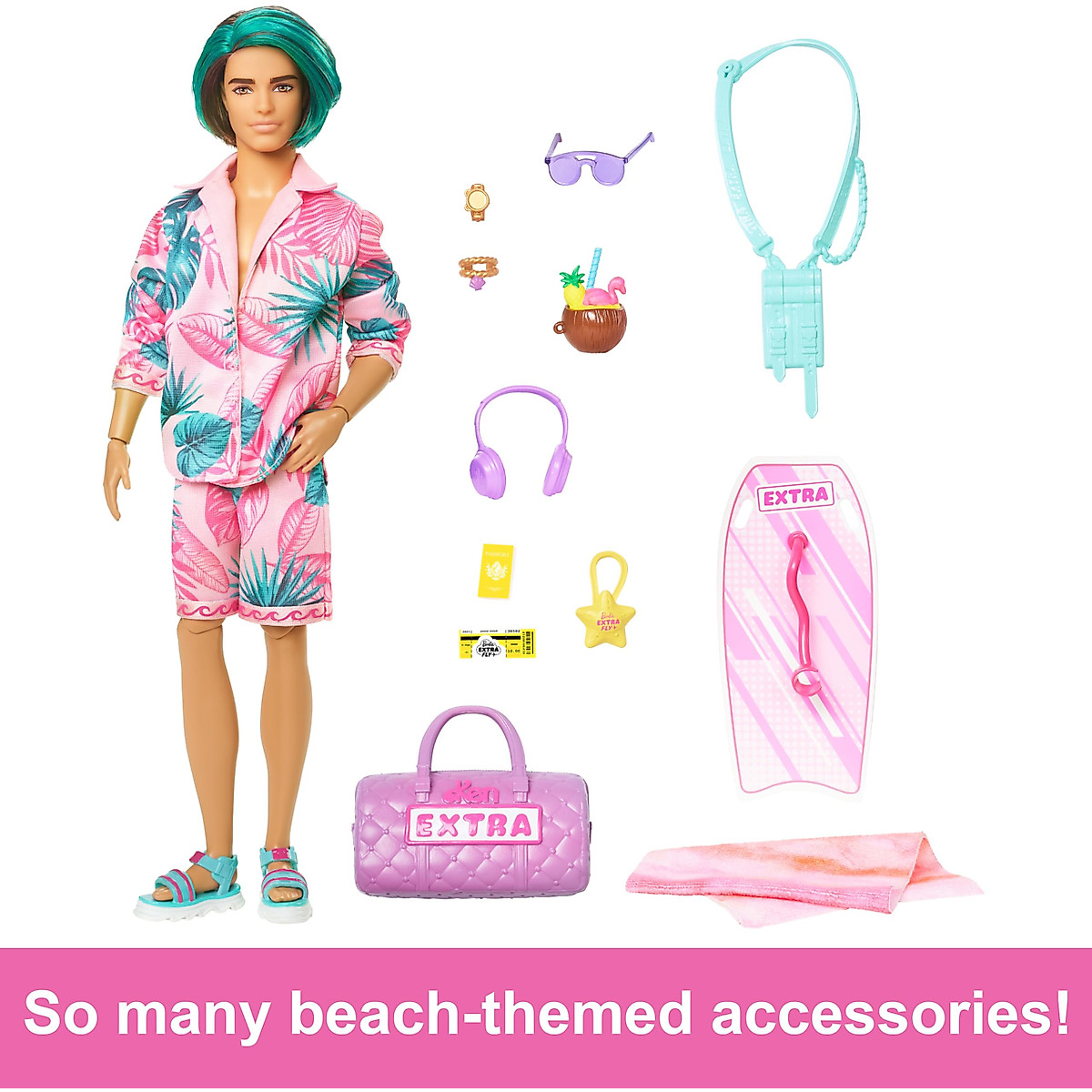 Barbie Extra Fly Ken Doll with Beach-Themed Travel Clothes & Accessories, Tropical Outfit with Boogie Board & Duffel Bag