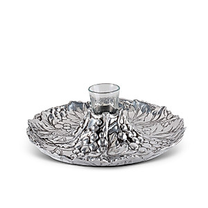 Arthur Court Aluminum Metal Grape Pattern Tidbit Cheese Hors d'oeuvres Tray with Glass for Toothpick - Entertaining Small Platter 10 inch Diameter x 2.25 inch Tall