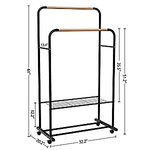 YOUDENOVA Rolling Clothes Rack on Wheels, Clothing Rack for Hanging Clothes, Double Rods Garment Rack, Black