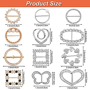 PartyYeah 12 Pcs T-shirt Clips Metal Scarf Clips Ring, Fashion Alloy Pearl Rhinestone Clip Buckle Round Shirt Silk Scarf Tie Clothes Corner Knotted Button for Women Girls Decorative Accessories