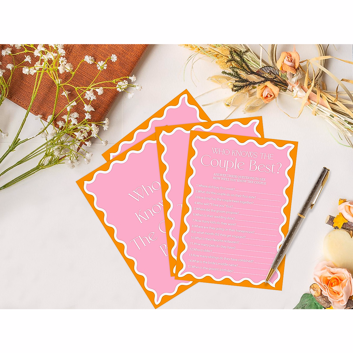 Pink Wavy Border Who Knows The Couple Best Game for 30 Guests with Game Cards, Wavy Border Bridal Shower Game, Modern Bridal Shower Decorations, Wedding Shower or Bachelorette Party Supplies - 03