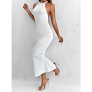 SheIn Women's Twist Back Split Bodycon Maxi Dress Sleeveless Backless Halter Long Dresses White Petite Small