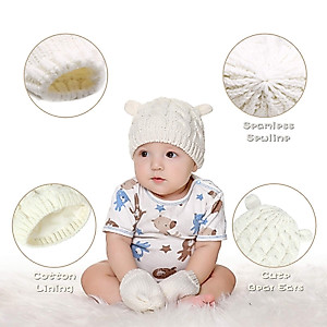 Unisex Baby Toddler Hat and Mitten Set Winter Knitted Thick Warm Beanie Cap Gloves for Infant Boys Girls (White, M (3-6 Months))