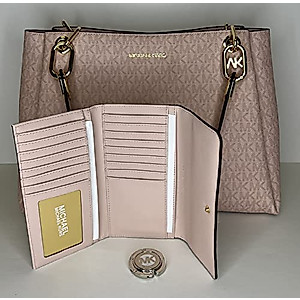 MICHAEL Michael Kors Trisha Large Triple Gusset Shoulder Tote bundled with Large Trifold Wallet and Michael Kors Purse Hook (Signature MK DK Powder Blush)