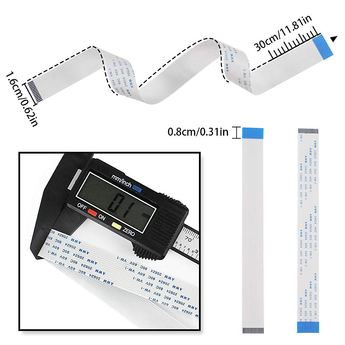 Aokin for Raspberry Pi Camera Cable, FFC Cable Ribbon Flex Extension Cable 15 Pin 1.0mm Pitch for Raspberry Pi, Octoprint Octopi Webcam, Monitor 3D Printer, etc, 30cm/11.81in