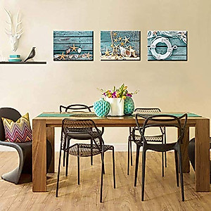 Biuteawal- 3 Piece Canvas Wall Art Starfish Shell on Teal Board Painting Prints Beach Nature Picture Canvas Artwork for Home Kitchen Bathroom Living Room Wall Decor Ready to Hang