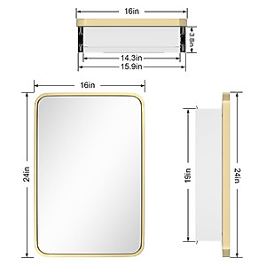 HOMECOOKIN Farmhouse Gold Metal Framed Recessed Bathroom Medicine Cabinet with Beveled Mirror Rounded Rectangle Bathroom Medicine Cabinet 16x24 inch