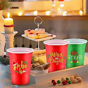 Jinei 100 Pcs Disposable Christmas Cups 16 oz Christmas Plastic Party Cups Coffee Hot Cocoa and Hot Cold Drinks for Party Favors, Red Green