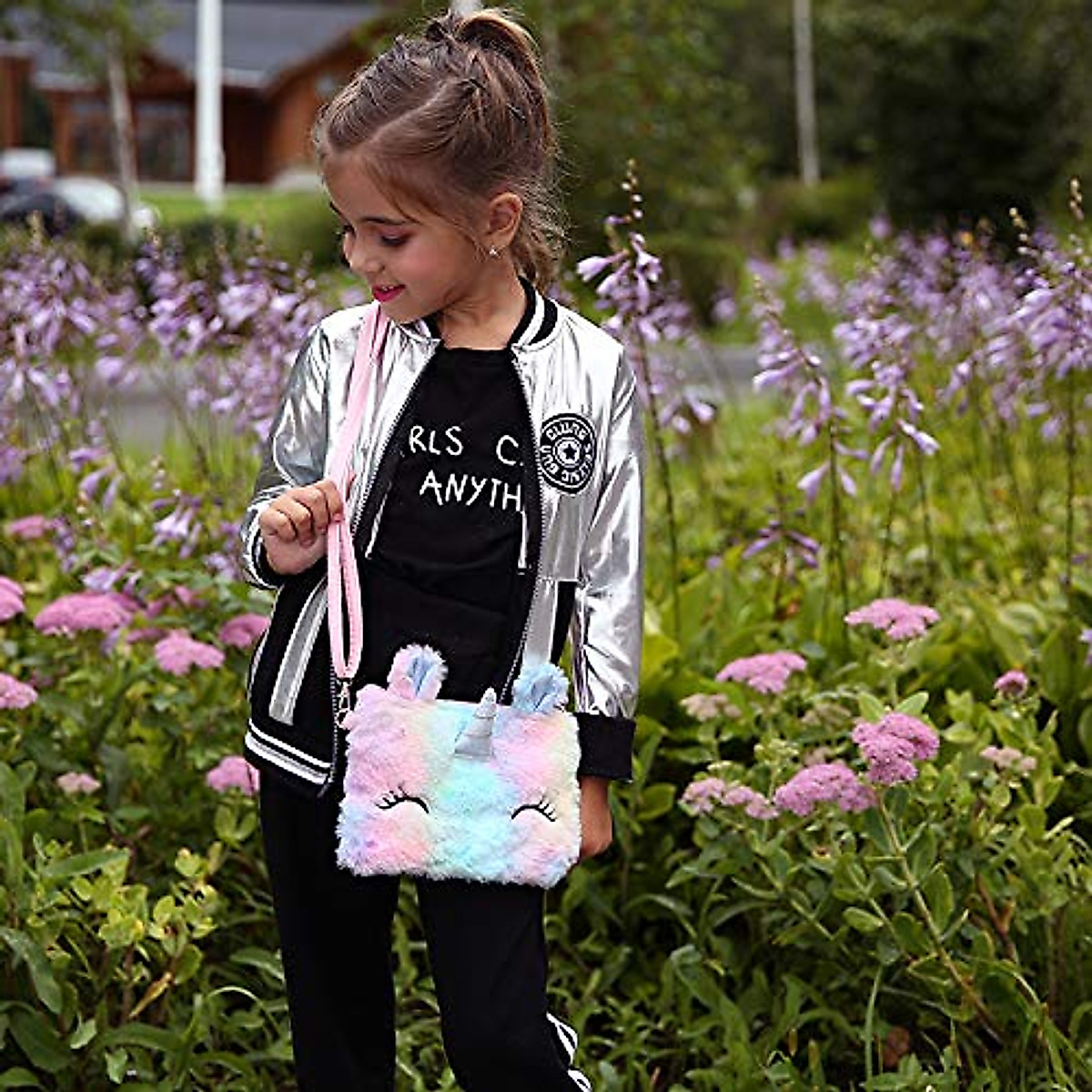 Women Girls Kids Fluffy Fuzzy Unicorn Bag Plush Tie Dye Rainbow Crossbody Purse