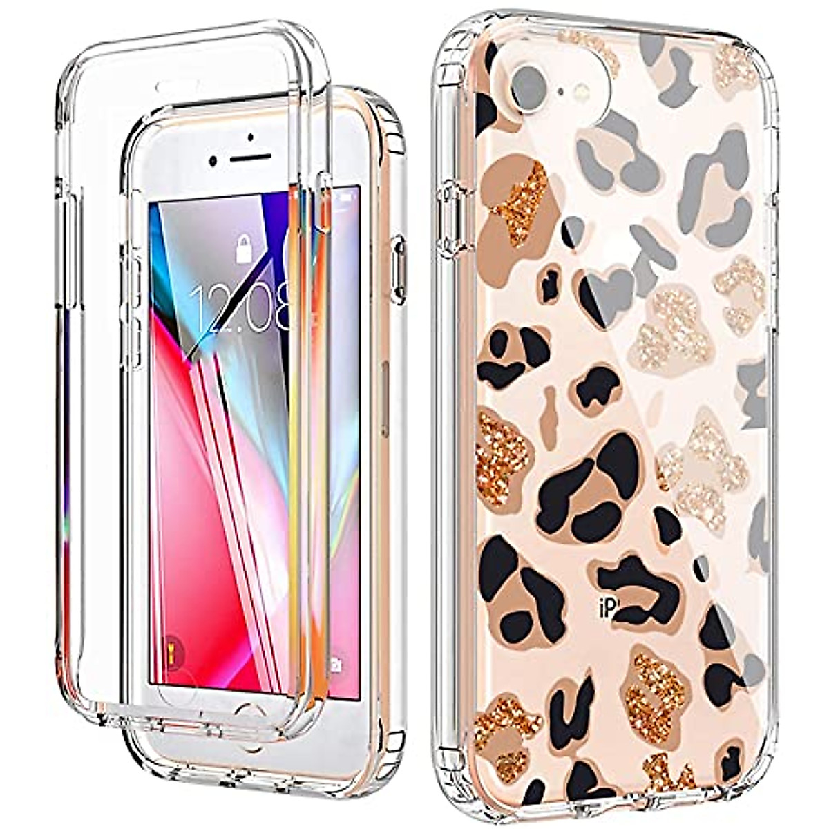 YiYiYaYa for iPhone SE 2022 Case, iPhone SE 2020 Case with Built in Screen Protector, Clear Floral Pattern for Girls Women, Full Body Shockproof Case for iPhone 6/6S/7/8/SE 2020/2022 Golden Leopard