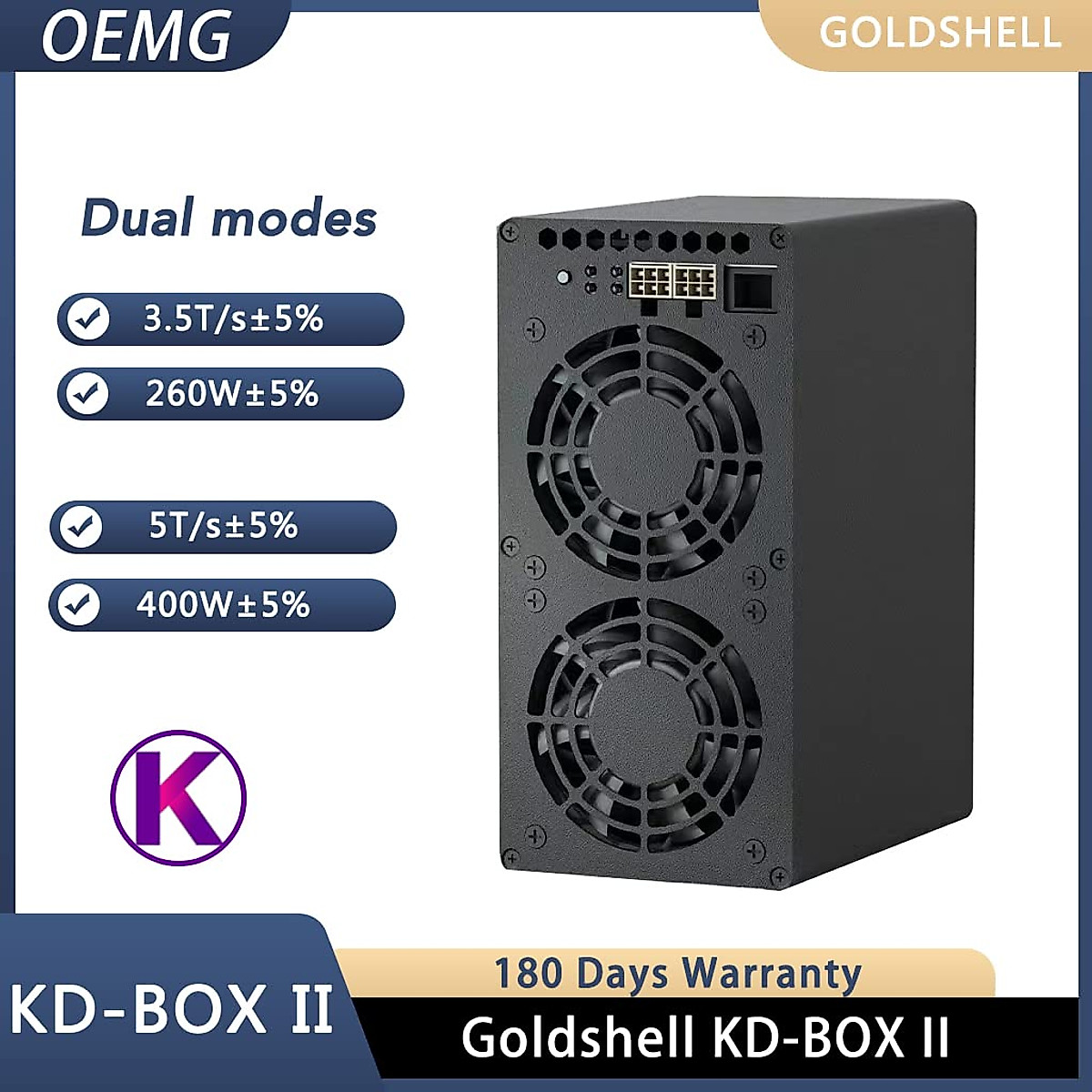 New Goldshell KD Box II Kadena KDA ASIC Miner Dual Mode 5TH/s 400W or 3.5TH/s 260W with 110V-240V 750W PSU and Cord(KD Box II)
