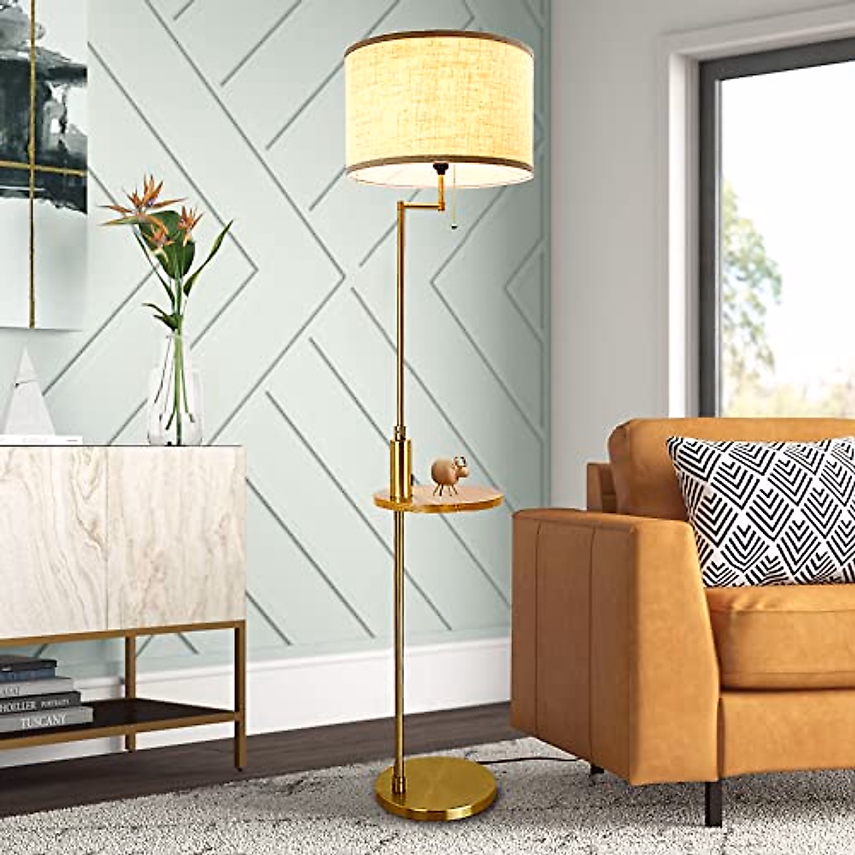 Bedroom & Living Room Floor Lamp with USB Charging Port-DLLT Stand Reading Light & Side Table-Classic Tall Pole Light for Office-Suits Mid Century Modern Home & Farmhouse Rustic Lighting-Drum Shade