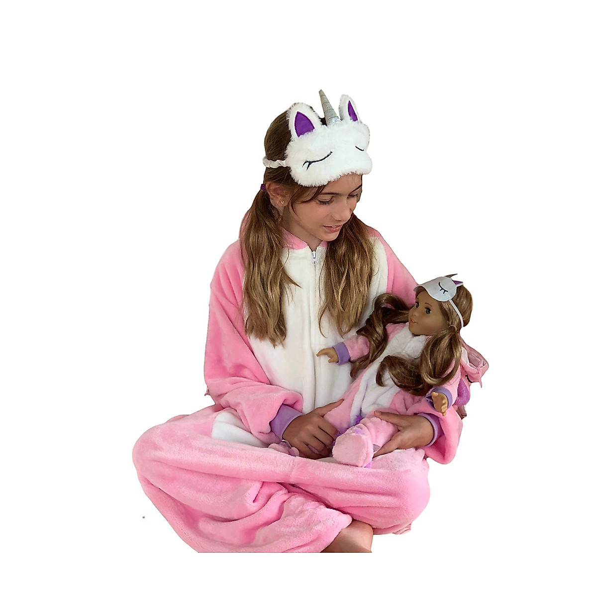 MY GENIUS DOLLS Unicorn Matching Onesie Pajamas and Sleepmasks - Fits Girl and 18 inch Doll Like American (Doll Not Included)