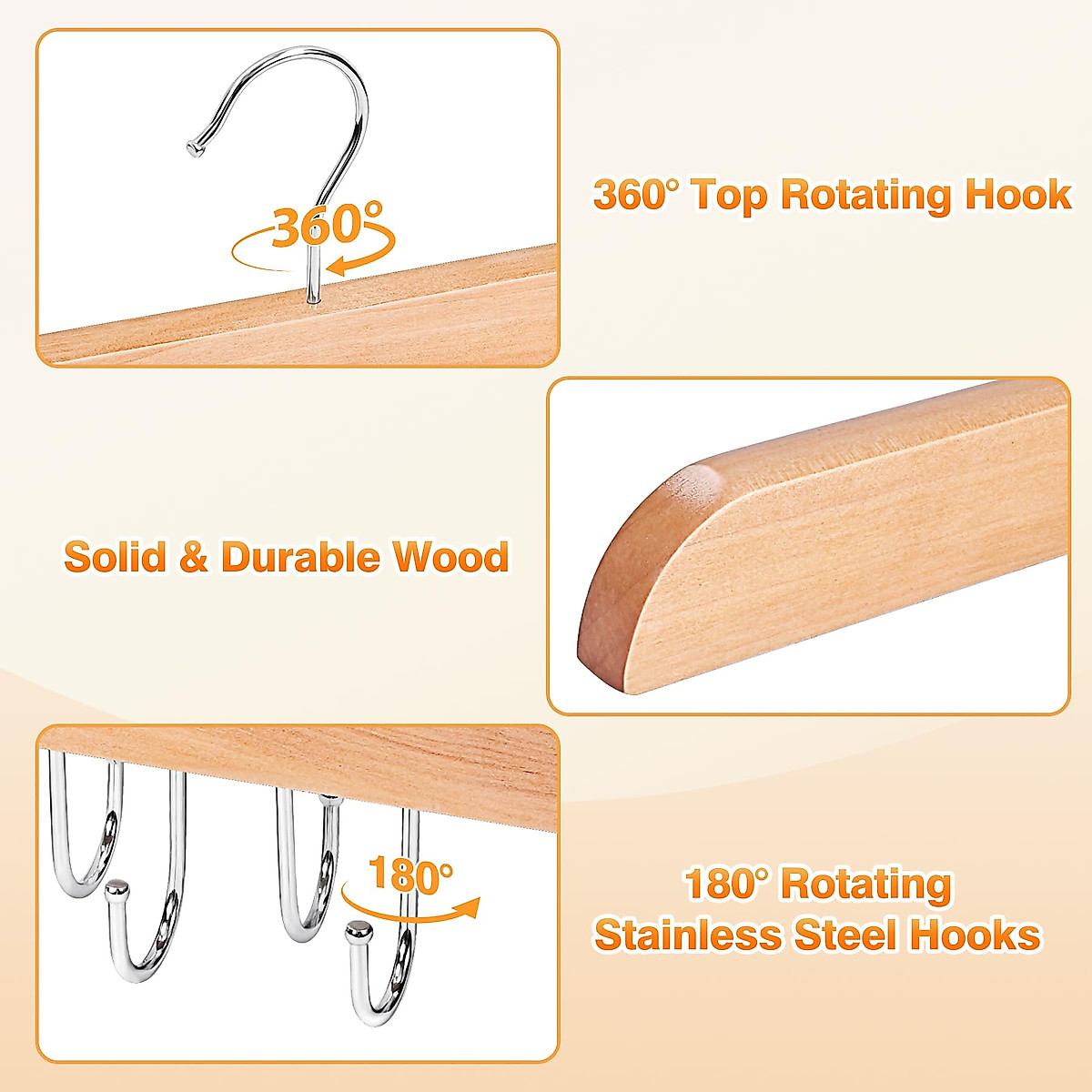 Ftumertly Belt Hanger, Belt Organizer for Closet with 14 Hooks, Wood Belt Tie Rack for Closet 360°Rotating Belt Holder Organizer for Closet Organizers for Tie, Belt, Scarf, Tank Top, Bra - 1 Pack