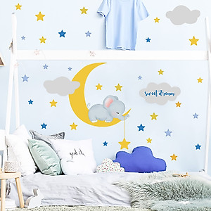 Moon and Stars Wall Stickers, Sleeping Elephant Wall Decals Sweet Dream Decoration for Baby Room Kids Bedroom Nursery and Playroom
