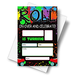 DETIHO 4" x 6" Roller Skating Birthday Party Invitation Cards With Envelopes - Roll On Over And Celebrate - Neon Glow Skate Party Invitation - 20 Sets - E51