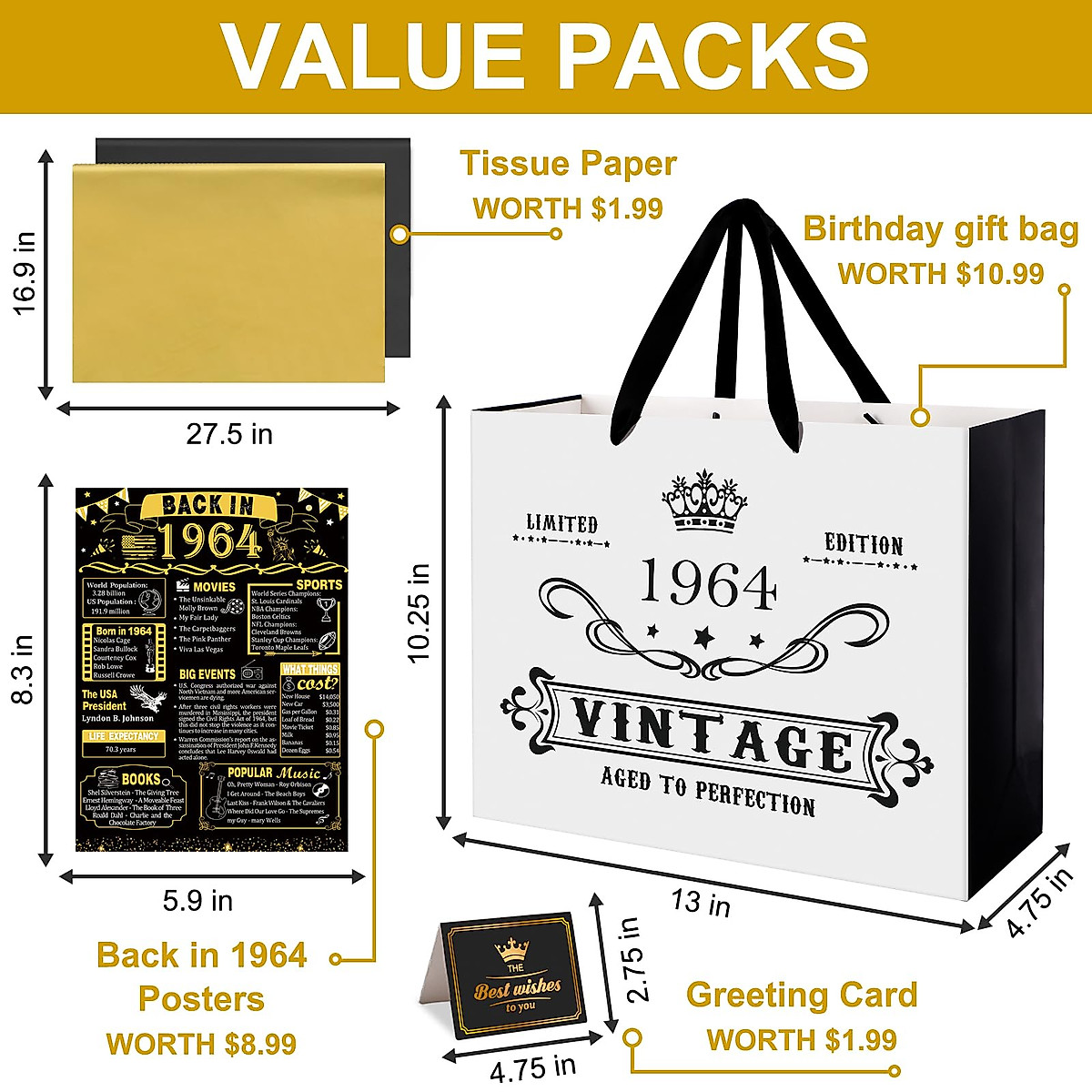 60th Birthday Gift Wrap Bag Vintage 1964 Gift Bag, 60th Birthday Decorations Paper Bag with Tissue Paper & Back in 1964 Poster, Happy Birthday Gift Bag for 60 Years Old Women/Men 13" x 10" x 5"