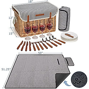 Wicker Picnic Basket for 4, 4 Person Picnic Kit, Willow Hamper Service Gift Set with Blanket Portable Bamboo Wine Snack Table for Camping and Outdoor Party
