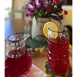 Pack of 4 Tiki Glasses 13 oz. with 1 oz. & 2 oz. Stainless Steel Japanese Jigger for Bartending - Unique Glasses for Cocktail, Juice, Lemonade, Water (Set of 4 Glassware + 1 Japanese Jigger)