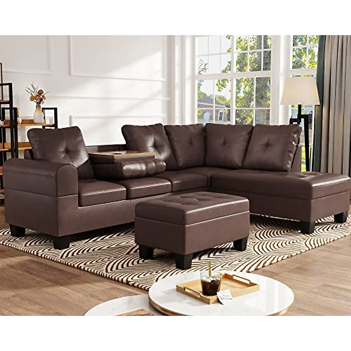 AWQM Upholstered Sectional Sofa w/Chaise Lounge, Modern L Shaped Sofa Couch with Storage Ottoman Bench, PU Leather Sectional Couches with Cup Holder for Living Room Small Space
