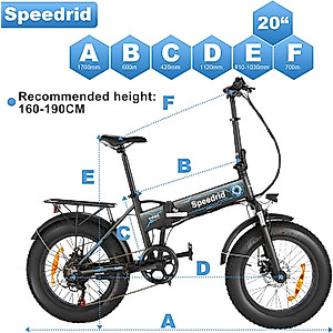 Speedrid Folding Electric Bike for Adults with Peak 800W Motor, 20" x 4.0" Fat Tire Ebike with Mid Located Built-in 48V-10.4Ah Battery, Up to 50 Miles, Front Suspension Fork and 7 Speed