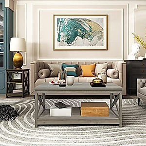 Rainbow Sophia Coffee Table, Modern Farmhouse Wood Coffee Table with 2-Tier Storage, 40 Inch, Washed Oak