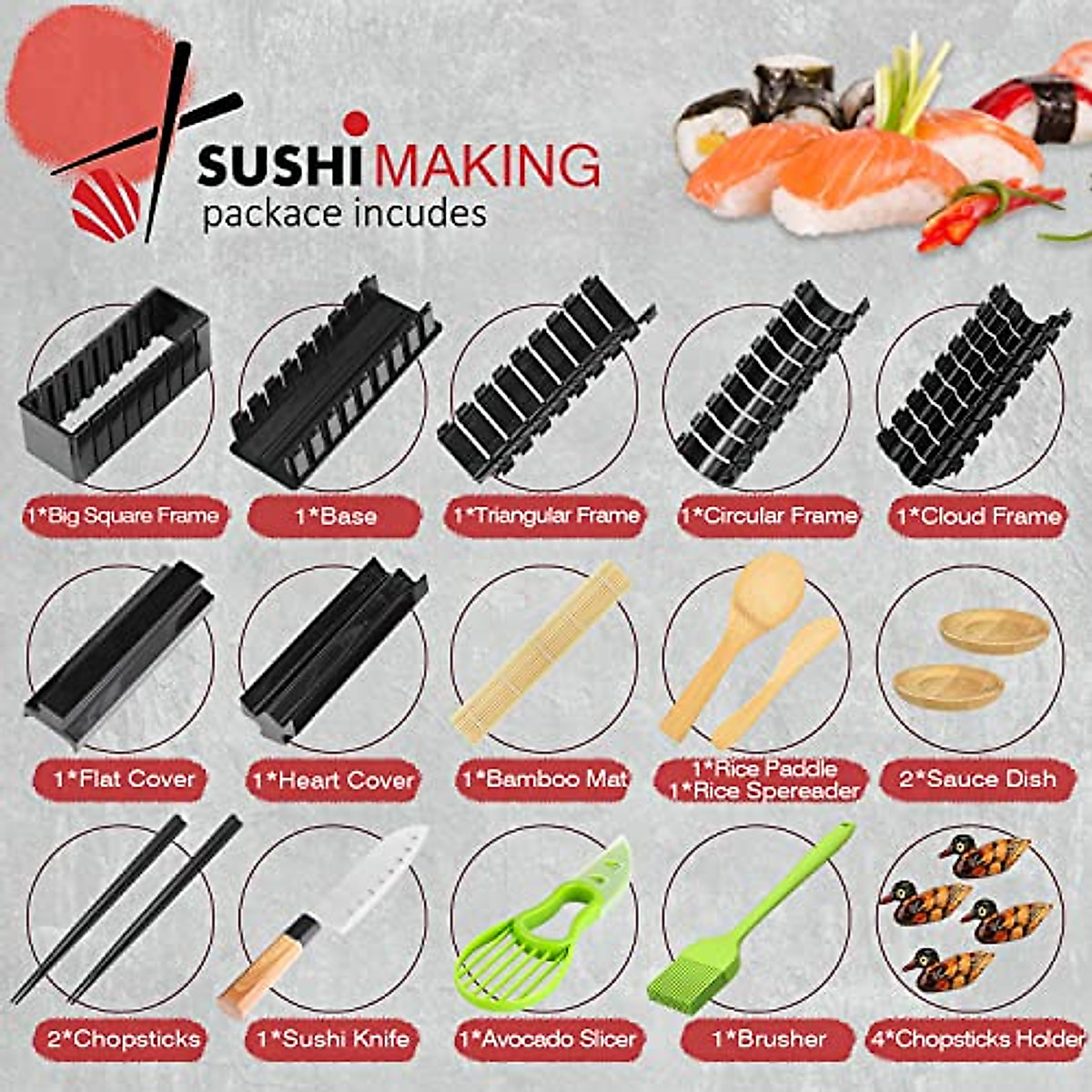 MLRYH Sushi Making Kit Sushi Maker Set for Beginners 21 Pcs Plastic Premium Set Sushi Tool Set Sushi Rice Roll Mold Shapes, DIY Sushi Prefect Home Sushi Tool.