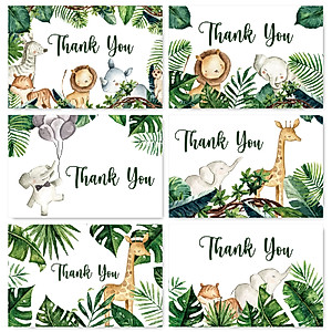AnyDesign Woodland Thank You Cards with Envelopes Stickers Safari Jungle 30 Pack Watercolor Forest Animals Greenery Greeting Note Cards for Kids Girls Boy Children Birthday Baby Shower Party Supplies