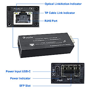 Industrial Hardened Gigabit Fiber Media Converter with Single Mode Dual Fiber SFP/LC Module 10/100/1000Base-TX to 100/1000Base-Fx Mini Ethernet Media Converter USB Type C Power Input