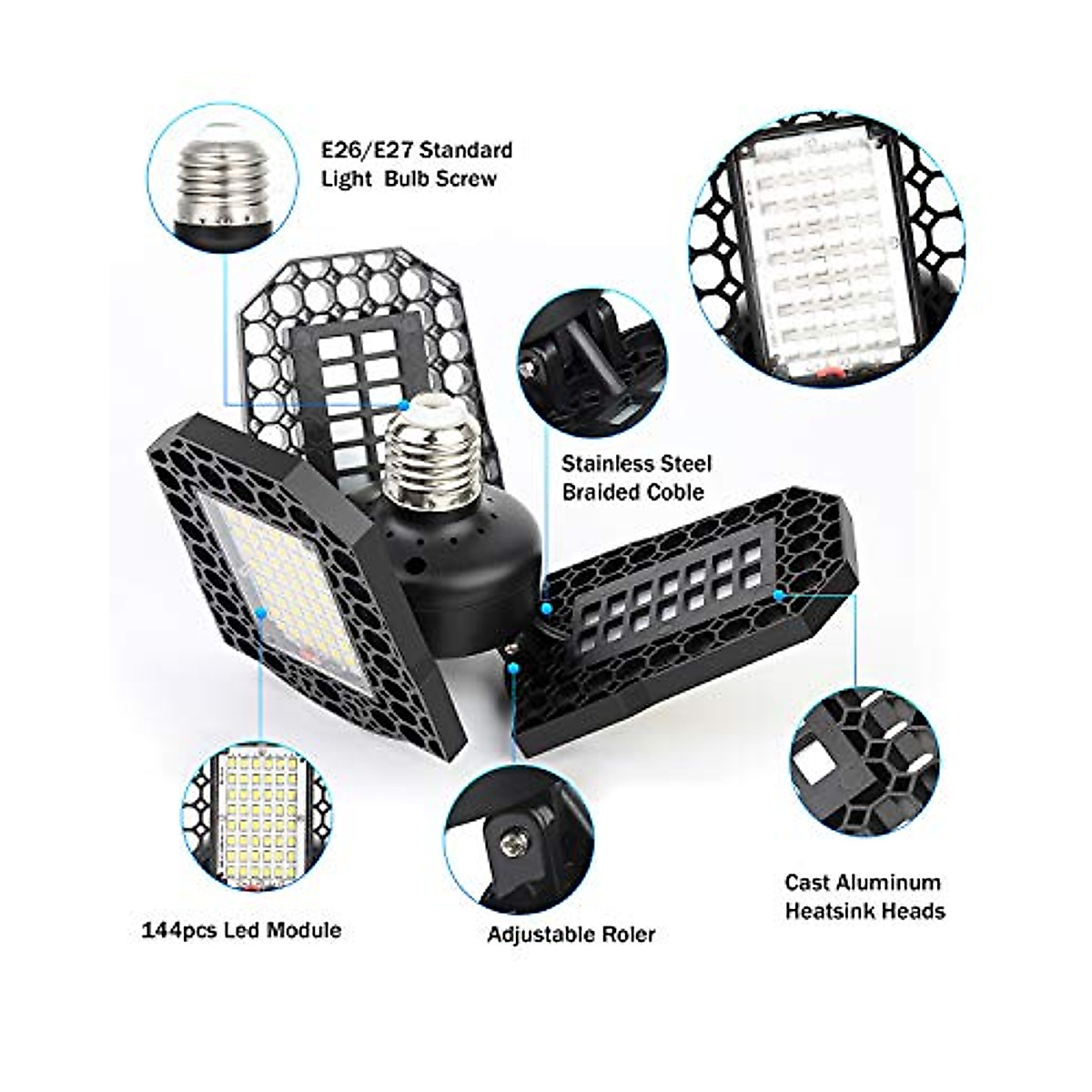 Gyrategirl LED Garage Light, 80W Garage Light 8000LM Deformable Led Shop Lights with 3 Adjustable Wings, Folding Garage Lights Shop Lighting, E26/E27 Panel Lights for Garage/Warehouse/Basement