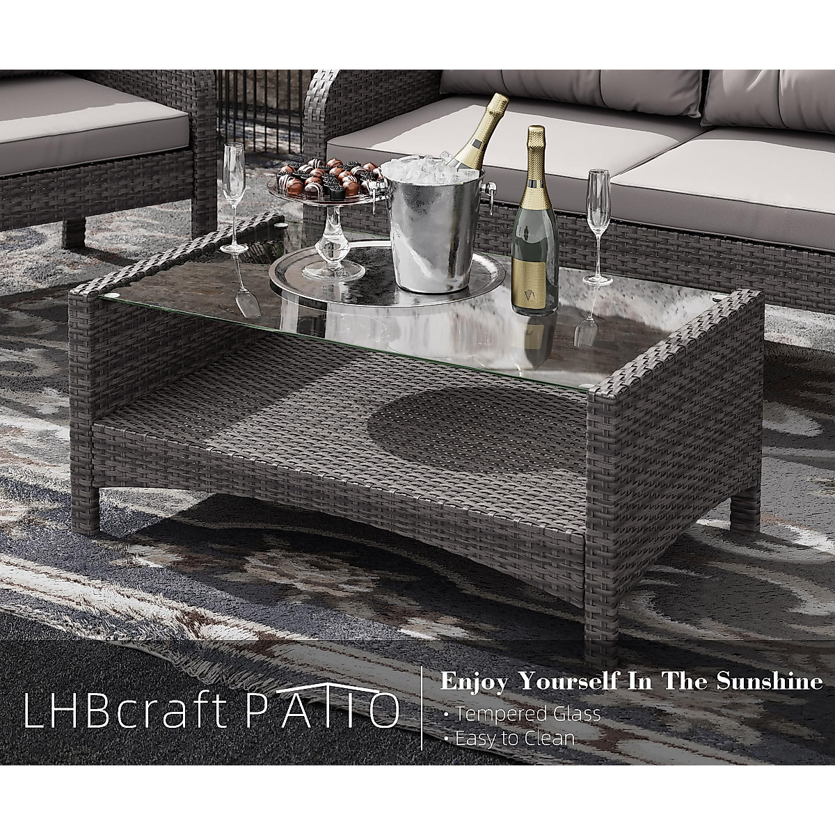 LHBcraft 4-Piece Patio Furniture Set Outdoor Rattan Wicker Sofa Set with Cushions & Coffee Table, Conversation Sofa Set with Tempered Glass Table Top and Storage Shelf (Grey-Grey) (OT008)