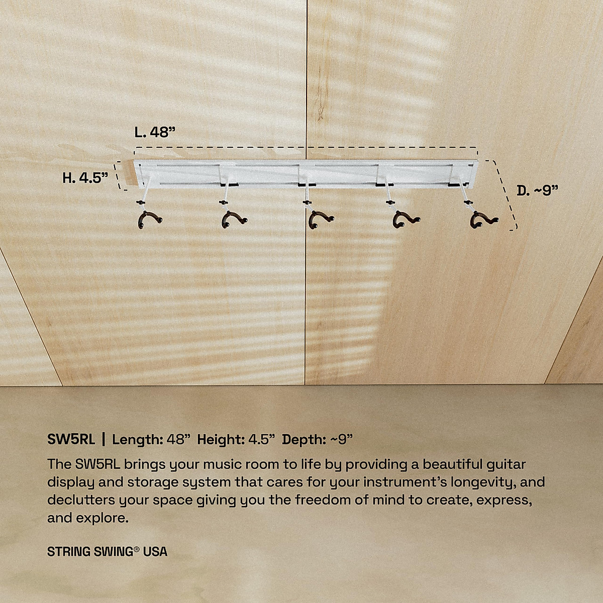 String Swing Guitar Wall Rack, Multiple Guitar Wall Mount, Guitar Organizer for Acoustic & Electric Guitars, 5 Padded Arm Hangers & White Slatwall Rail, Wall Mount Guitar Rack - MADE IN USA