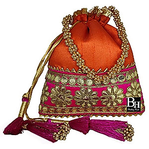 Bombay Haat Ethnic Indian Designer Silk Potli Bag Purse Evening Bag Clutch Purse for Wedding Party Cocktail Prom Gifting (Orange)