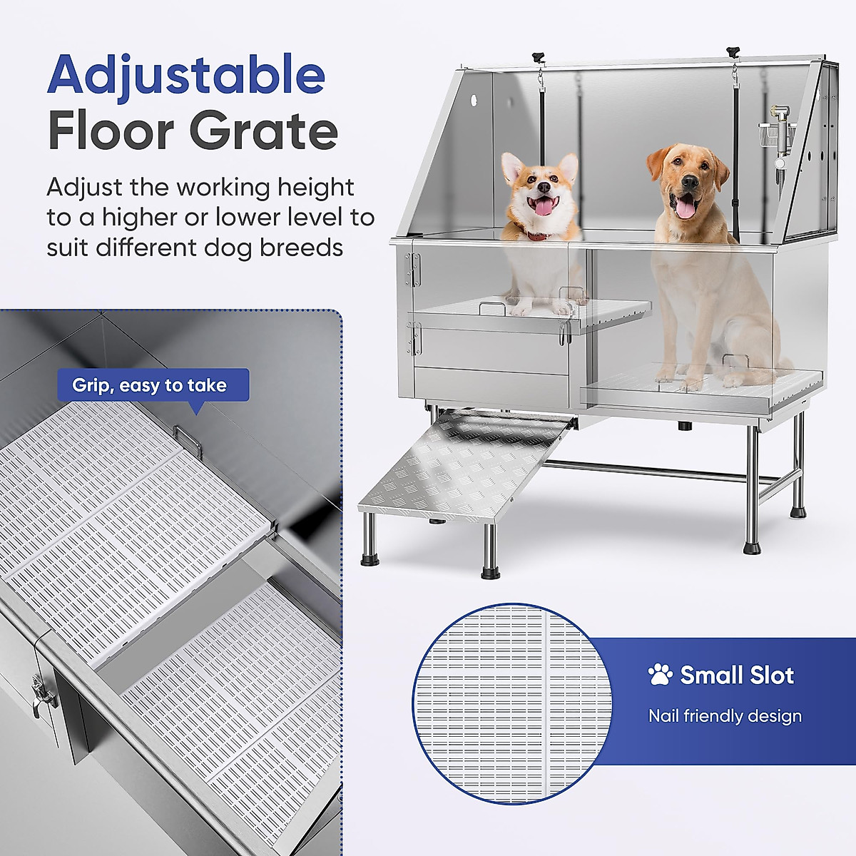 Flying Pig 50" Stainless Steel Pet Dog Grooming Bath Tub with Walk-in Ramp & Accessories (Left Door/Right Drain)