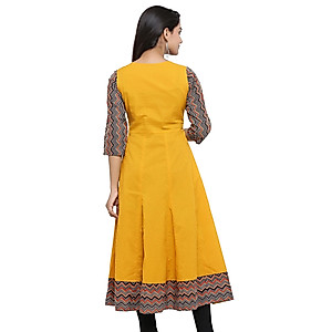 Yash Gallery Indian Cotton Geometric Print Anarkali Kurtis for Women (Mustard Yellow)