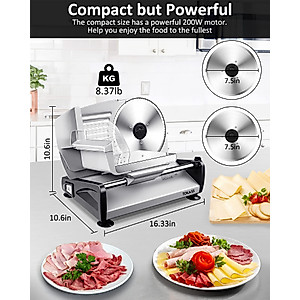 TOKASS Meat Slicer, 200W Electric Slicer For Home Use with 2pcs 7.5'' Stainless Steel Blades, Electric Deli food Slicer, Adjustable Thickness for Meat, Cheese, Bread, Easy Clean (200W-Bright Silver)