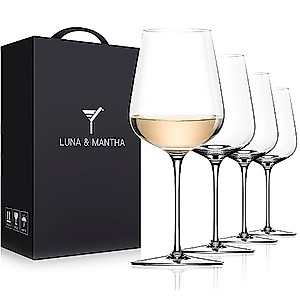 LUNA & MANTHA White Wine Glasses Set of 4, Crystal Wine Glasses 14oz Hand Blown- Modern Wine Glasses with Stem, Perfect for Red & White- Gift Packaging for Daily Use, Wedding Anniversary or Birthday