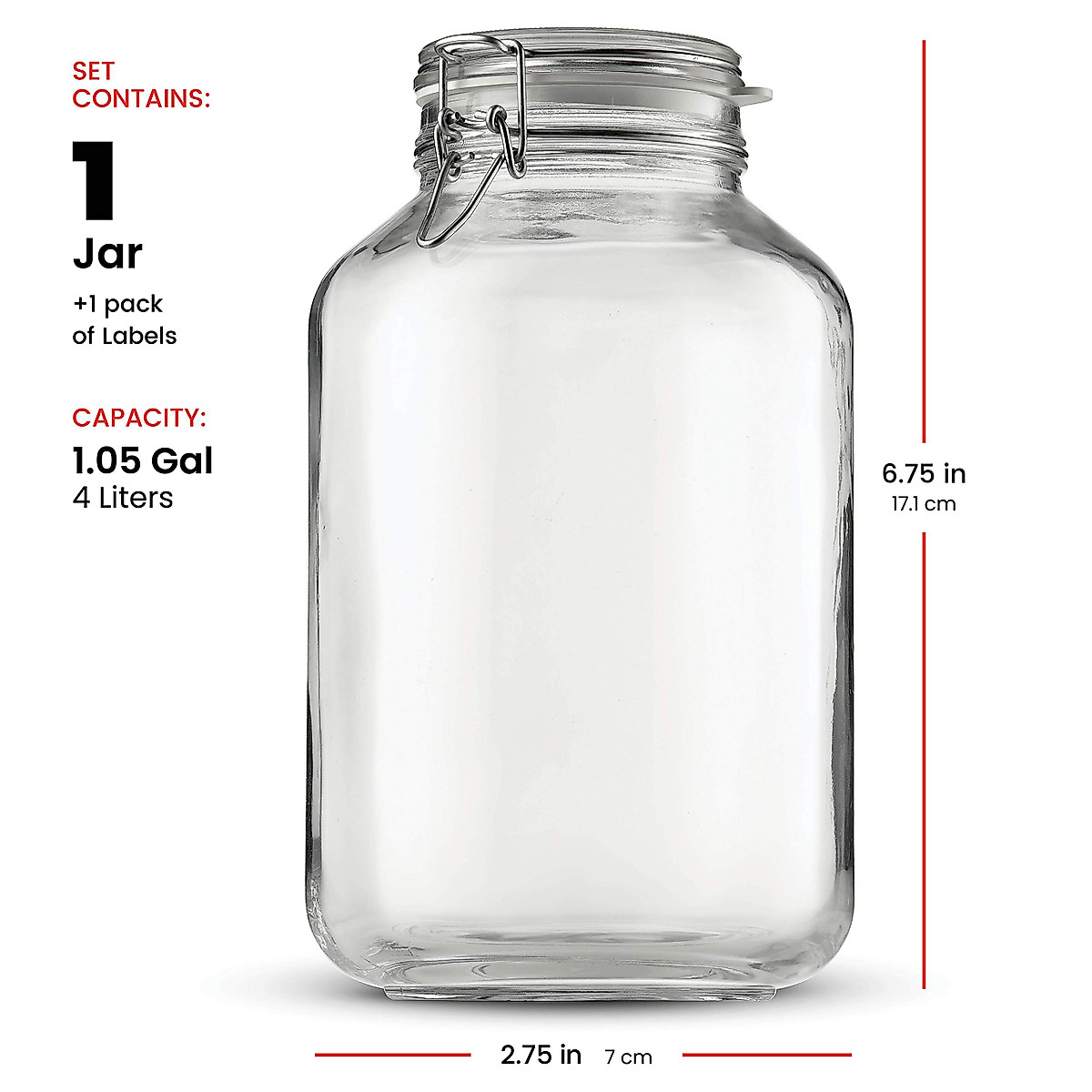 Bormioli Rocco Glass Fido Jars - 135.¼ Ounce - 4 Liter, with hinged hermetically Sealed Airtight lid for Fermenting, Canning, Preserving, With Exclusive Paksh Novelty Chalkboard Labels Set (1 Pack)