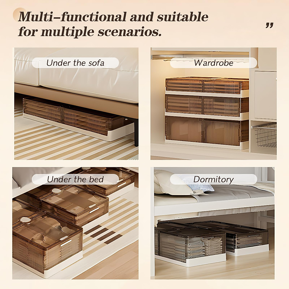 2 Pack Under-bed storage box with wheels, stackable, under-bed shoe storage drawer, foldable plastic storage box with lid, can store clothes, shoes, blankets, toys, books (L Szie，White Transparent)