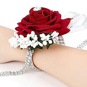 FAYBOX Velvet Open Rose Silvery Bling Ribbon Rhinestone Stretch Bracelet Wedding Prom Wrist Corsage Hand Flower Pack of 4 Red