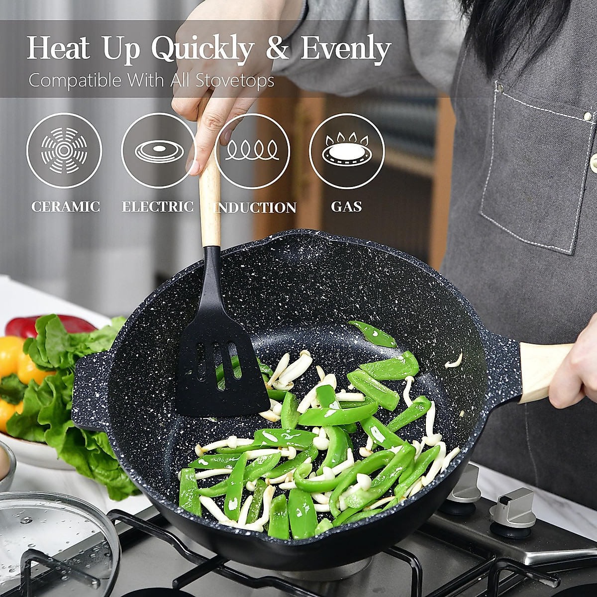 Non Stick Deep Frying Pan with Lid, 12 In / 5.5 Quart Saute Pan with Strainer, Granite Chef Pan Skillet Nonstick for Cooking, 100% PFOA Free Non Toxic Fry Pan for All Stove top Gas Induction
