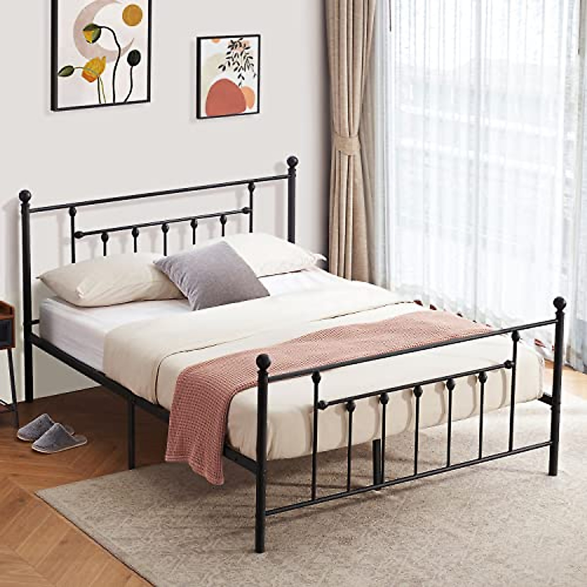 VECELO Queen Size Metal Platform Bed Frame with Headboard and Footboard, Heavy Duty Slat Support/No Box Spring Needed Mattress Foundation/Underbed Storage Space, Victorian Style, Black