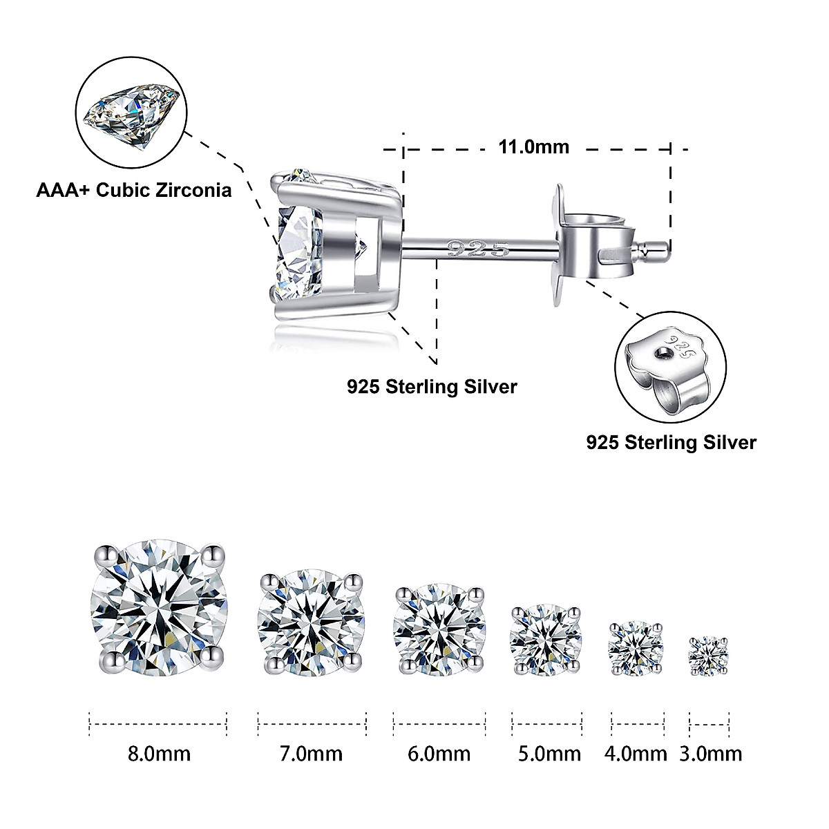 18K Gold Plated Sterling Silver Cubic Zirconia Stud Earrings 3mm-8mm Options, Simulated Diamond CZ Studs Hypoallergenic Jewelry (6mm, 18K White Gold Plated Sterling Silver - Silver)