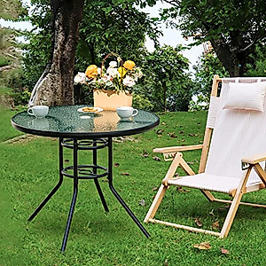 35.4"Outdoor Bistro Table Round Patio Dining Table Coffee Table Side Table with Umbrella Hole, Outdoor Indoor Banquet Furniture with Metal Frame and Glass Top for Garden Backyard Porch Lawn Deck,Black