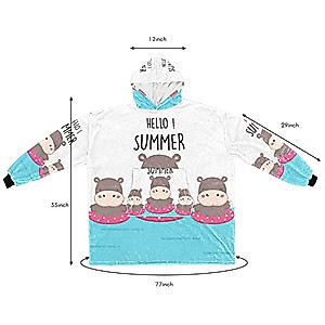 Wearable Blanket Hoodie,Oversized Hooded for Women,Comfy Sweatshirt Hello Summer Cute Hippo-01