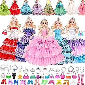 48 Pcs Doll Clothes Outfit for Doll, 11.5 Inch Doll Accessories Collection with 6 Princess Dresses+20 Shoes+10 Bags+6 Necklaces+6 Crowns (Random Style) for Doll Loving Girls Birthday Gifts
