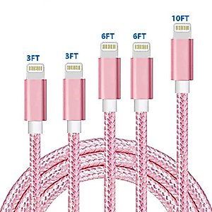 sharllen iPhone Charger Cord iPhone Lightning Cable 3/3/6/6/10FT 5Pack Nylon Braided USB Fast iPhone Charging Cable&Syncing Long Cord Compatible iPhoneXs/Max/XR/X/8/8P/7/7P/6/5/iPad/iPod (Rose Gold)