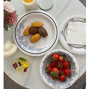 DHG PROFESSIONAL Pack of 42 Counts Beautifully Designed Blue Floral Paper Bowls - Luxury Disposable Tableware for any Occasion (20oz Bowl)